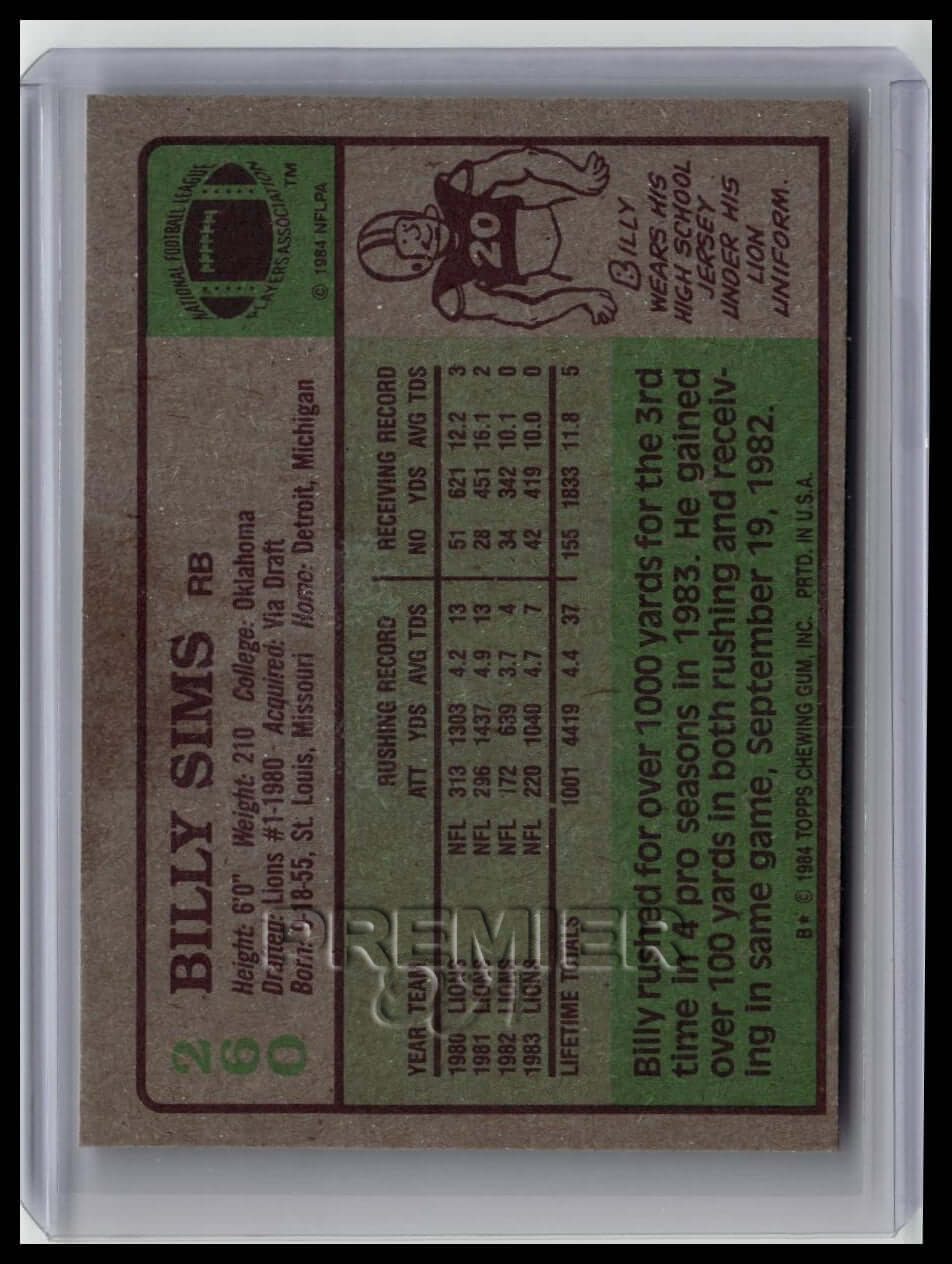1984 Topps #260 Billy Sims - Premier OJV