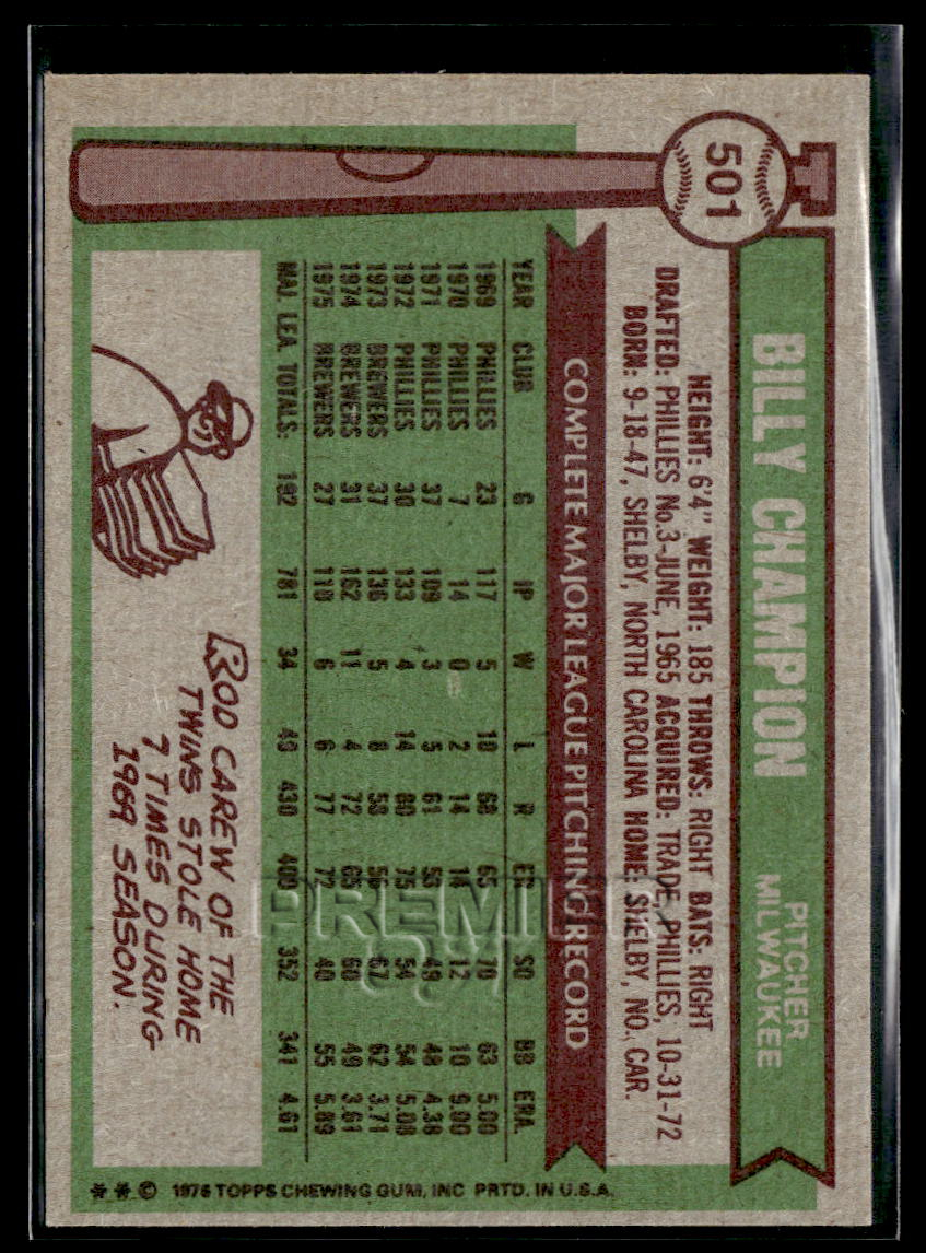 1976 Topps #501 Billy Champion - Premier OJV