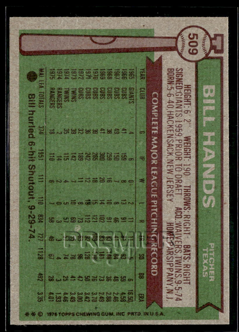 1976 Topps #509 Bill Hands - Premier OJV